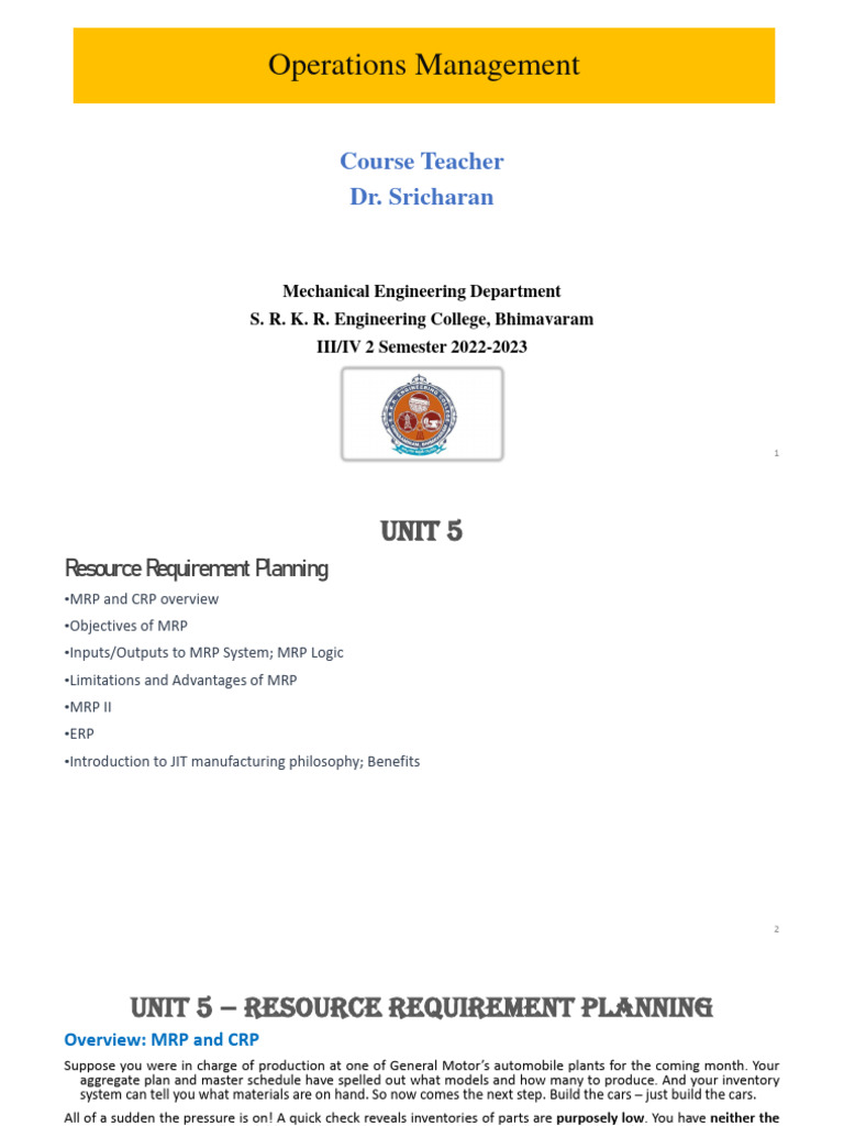 5th Unit Slides | PDF | Lean Manufacturing | Enterprise Resource Planning