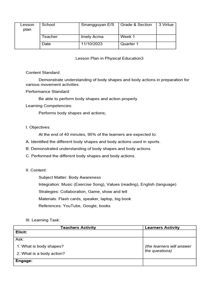 Lesson Plan in Physical Education (Grade3 SES) | PDF | Learning ...