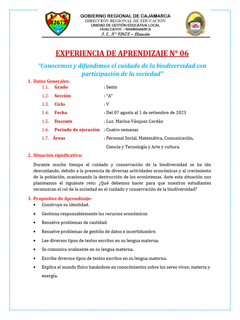Experiencia de Aprendizaje #6 | Descargar gratis PDF | Tierra | Evaluación
