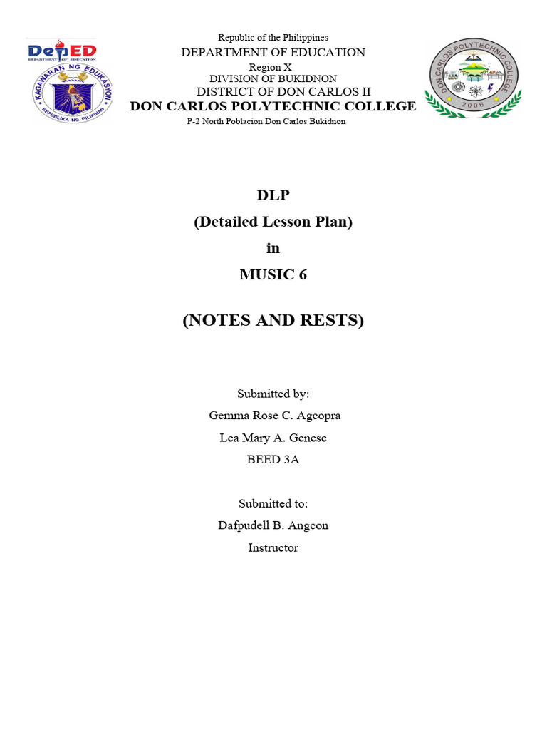 (Notes and Rests) : DLP (Detailed Lesson Plan) in Music 6 | PDF | Lord ...