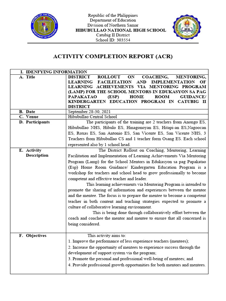 Activity Completion Report (ACR) | PDF | Mentorship | Behavior Modification