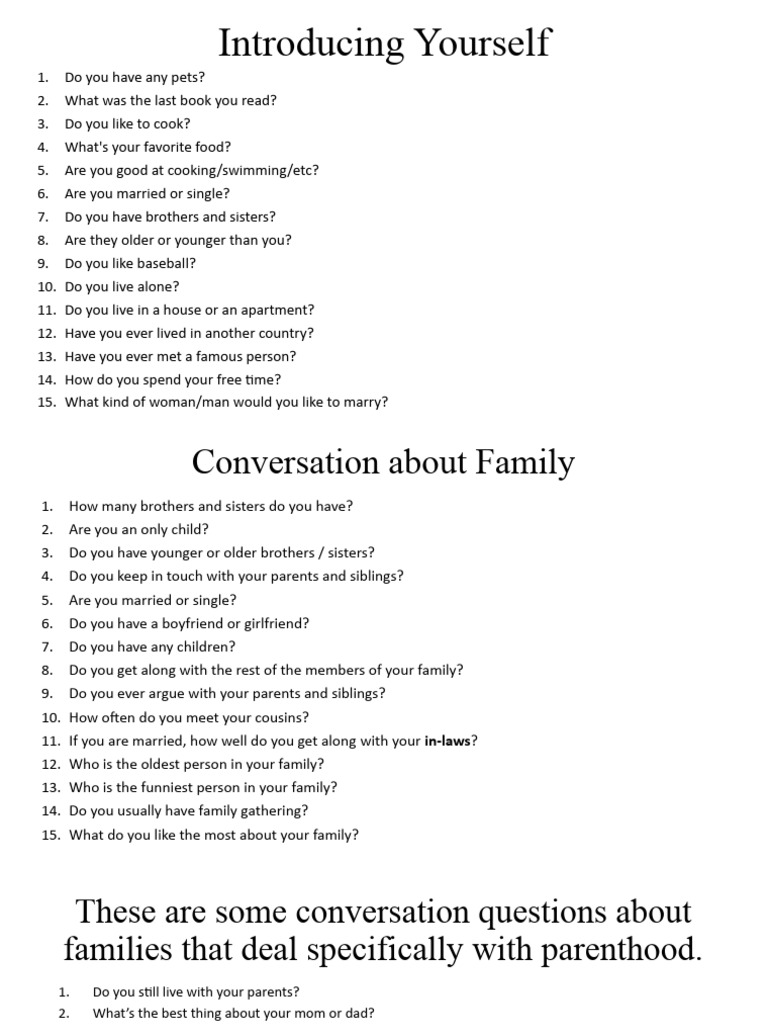 Conversation Starters for ESL Learners | PDF | Family