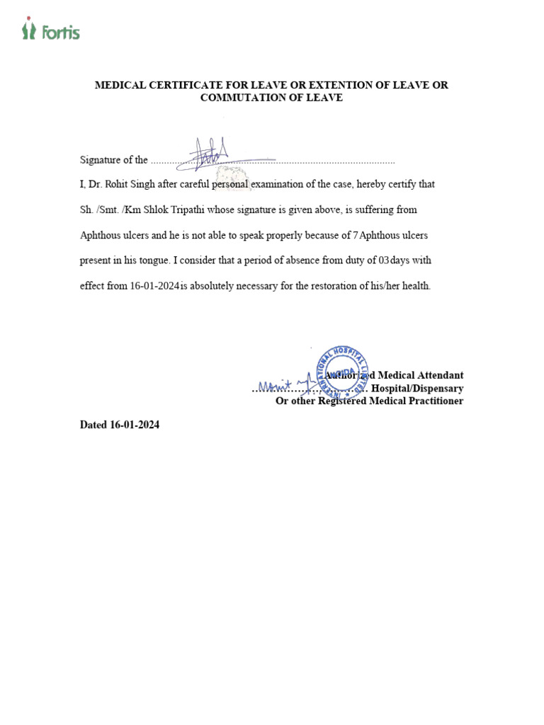 Medical Leave Certificate Template | PDF | Health Sciences | Public Services