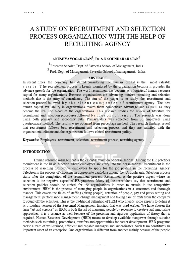 A STUDY ON RECRUITMENT AND SELECTION PROCESS ORGANIZATION WITH THE HELP ...