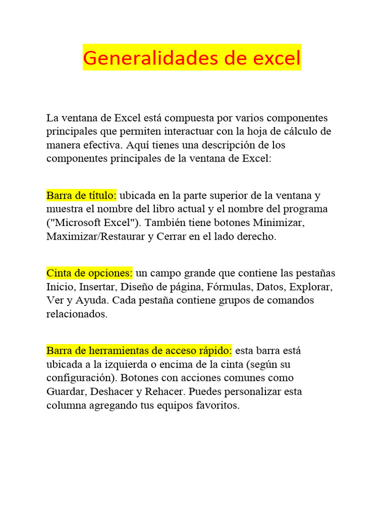 Generalidades de Excel1 | PDF | Microsoft Excel | Hoja de cálculo