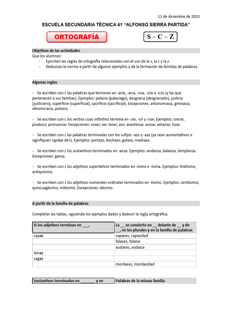 Ejercicios de Ortografía: S, C y Z | PDF | Adjetivo | Lingüística