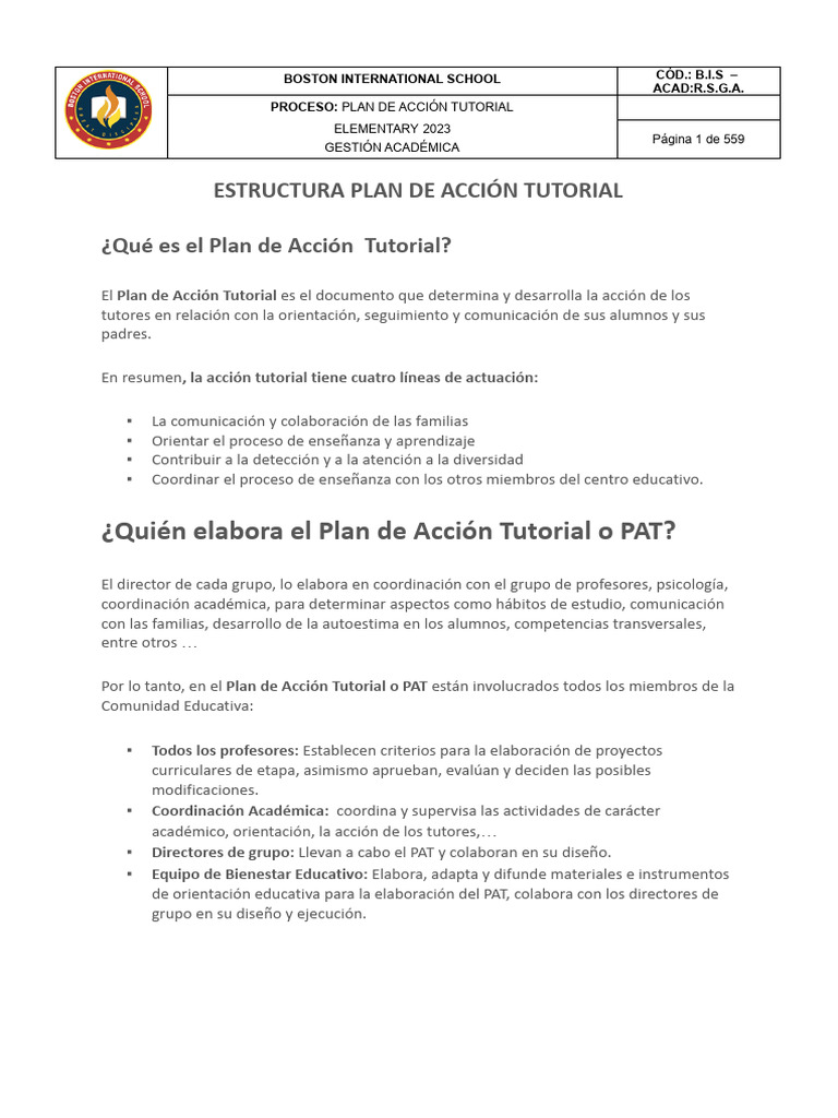 DOCUMENTO Plan de Acción Tutorial BIS | PDF | Evaluación | Salón de clases