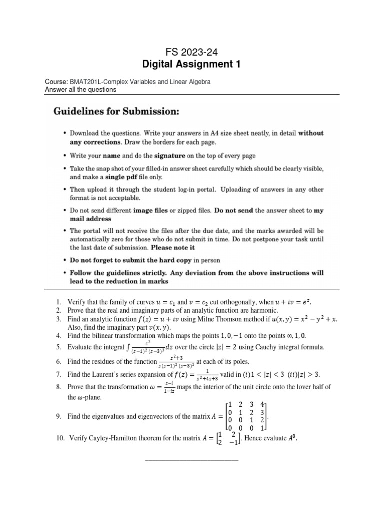 Complex Variables & Linear Algebra Tasks | PDF | Science & Mathematics ...