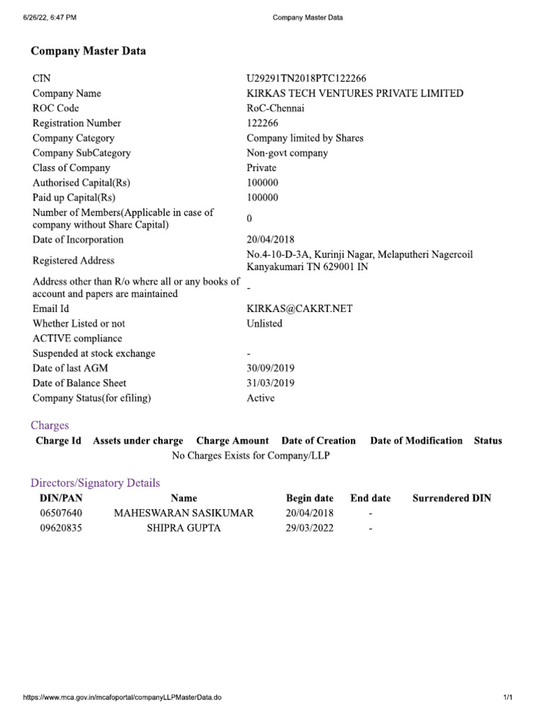 KTVPL - MCA Company Master Data | PDF