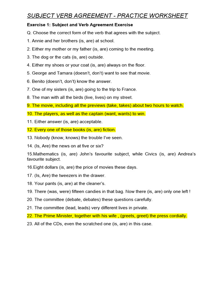 Subject and Verb Agreement - 2 Exercises With Exceptions | PDF ...
