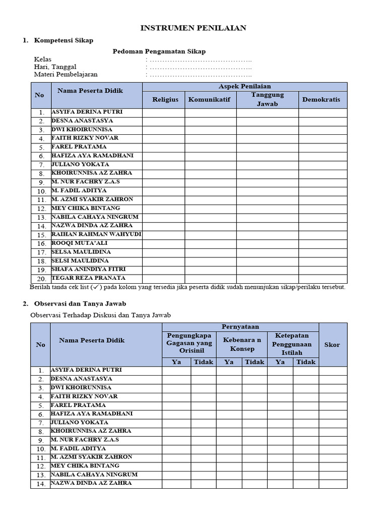 Instrumen Penilaian & Kisi-Kisi | PDF