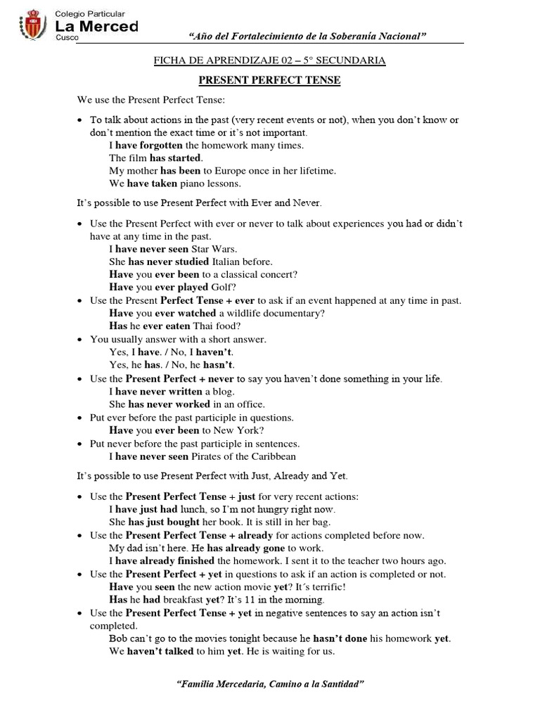 Ficha de Aprendizaje 02 IIIT - 5° Sec. | PDF | Perfect (Grammar ... Ficha de Aprendizaje 02 IIIT - 5° Sec. | PDF | Perfect (Grammar ...