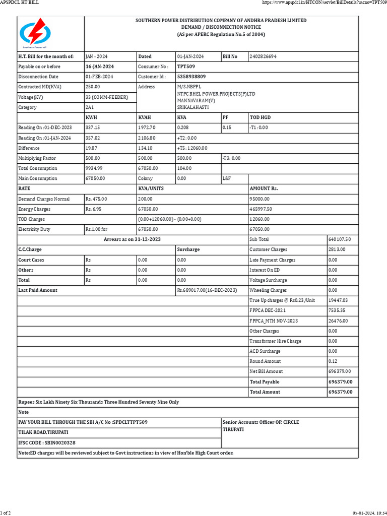 Apspdcl HT Bill | PDF | Power (Physics) | Electromagnetism