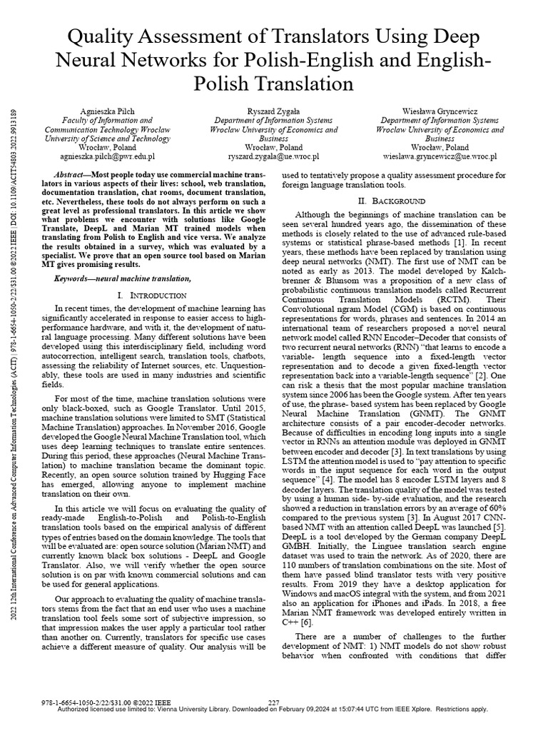 Quality Assessment of Translators Using Deep Neural Networks For Polish ...