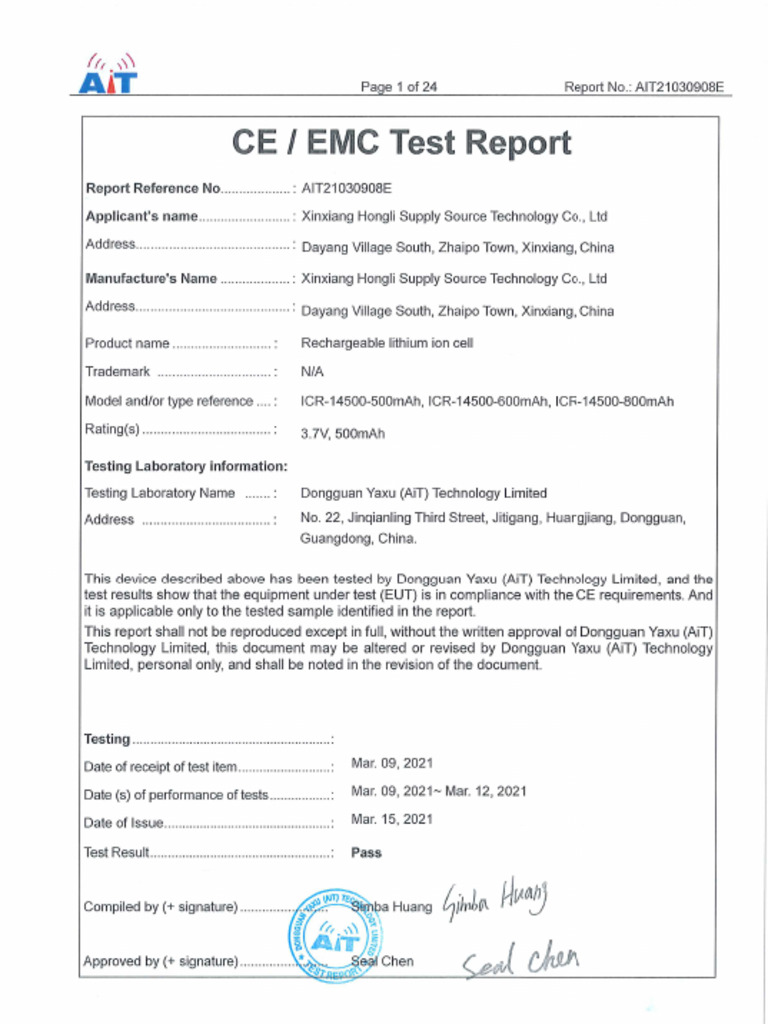 Ce Emc Test Report Icr 14500 500mah | PDF | Antenna (Radio ...