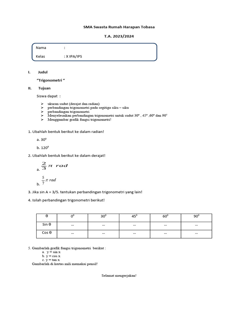 WORKSHEET TRIGO 2 X SMA | PDF
