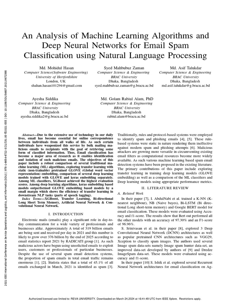 An Analysis of Machine Learning Algorithms and Deep Neural Networks For Email Spam ...