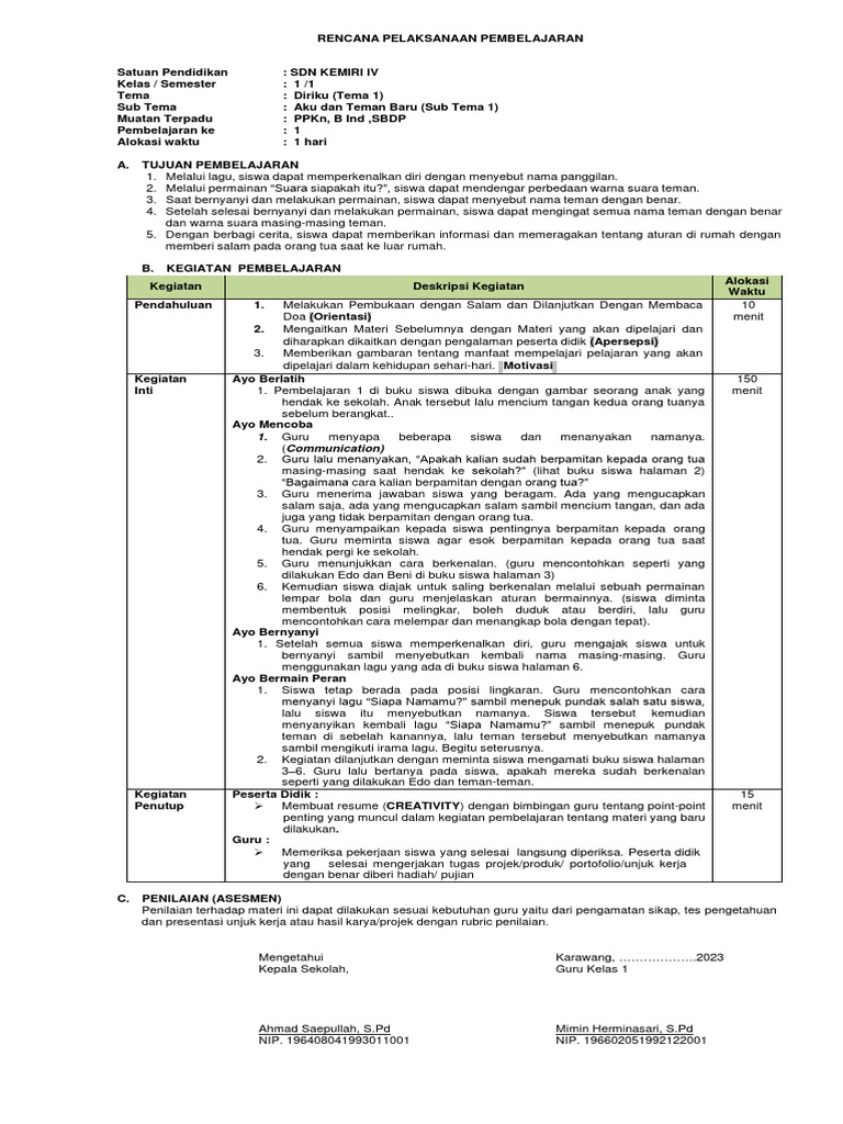 RPP - 1 - LEMBAR - KELAS - 1 - SEMESTER - 1 Bu HJ Mimin | PDF | Karier & Perkembangan
