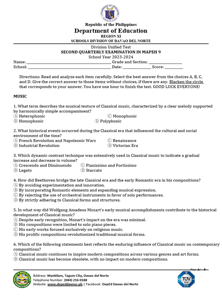 Mapeh 9 Dut Second Quarter Final | PDF | Classical Period (Music) | Substance Abuse