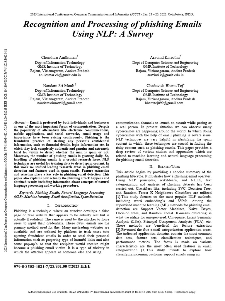 Recognition and Processing of Phishing Emails Using NLP A Survey | PDF | Statistical ...