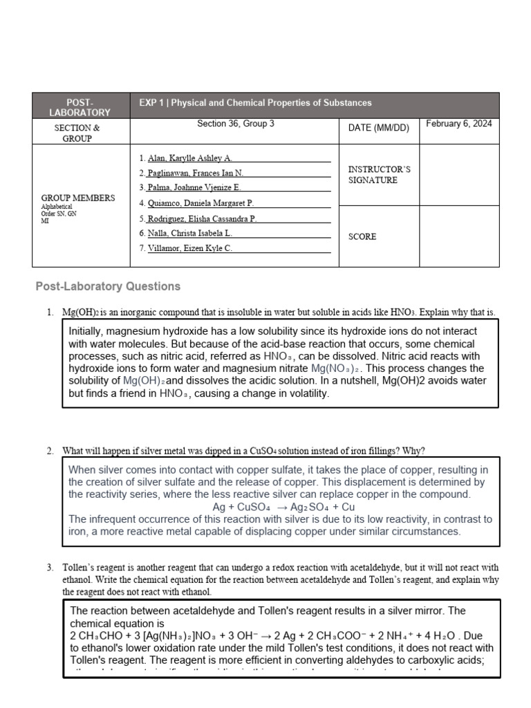 Physical & Chemical Properties Lab Report | PDF | Aldehyde | Chemical ...