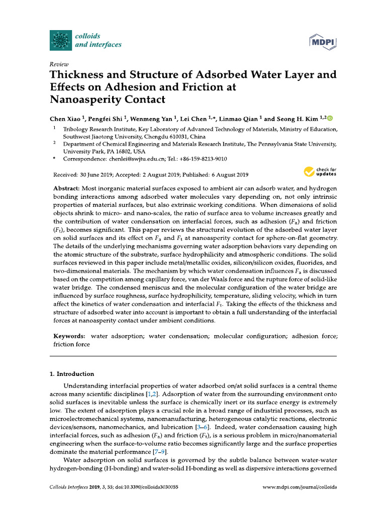2019 Xiao Thickness and Structure of Adsorbed Water Layer Effects On Adhesion and Friction | PDF