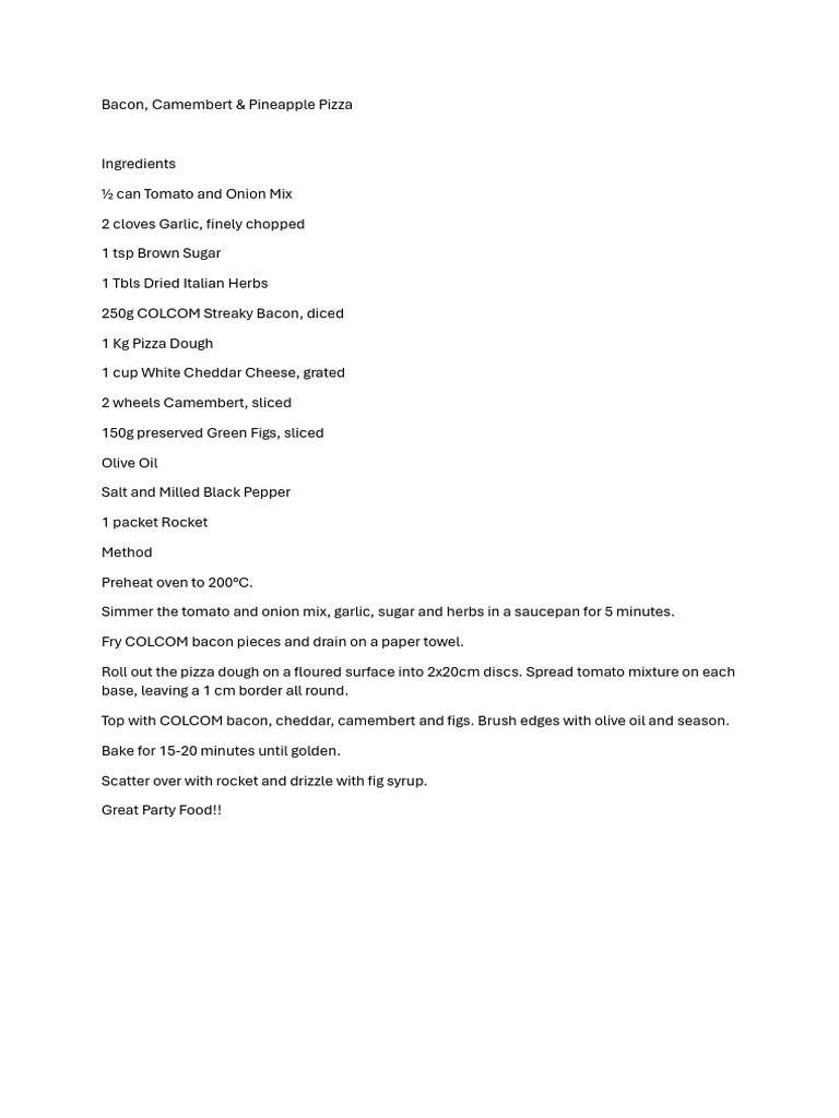 Bacon Pizza Recipe | PDF