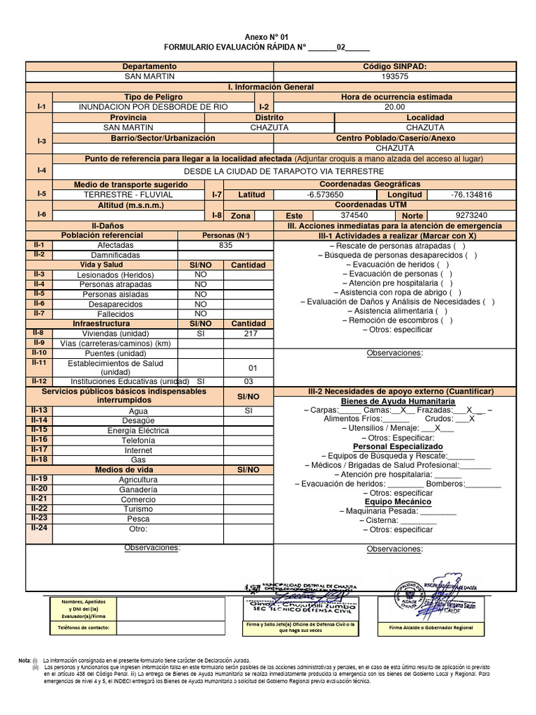 Anexo 01 Formulario Evaluacion Rapida Chazuta Pcm-Et) | PDF