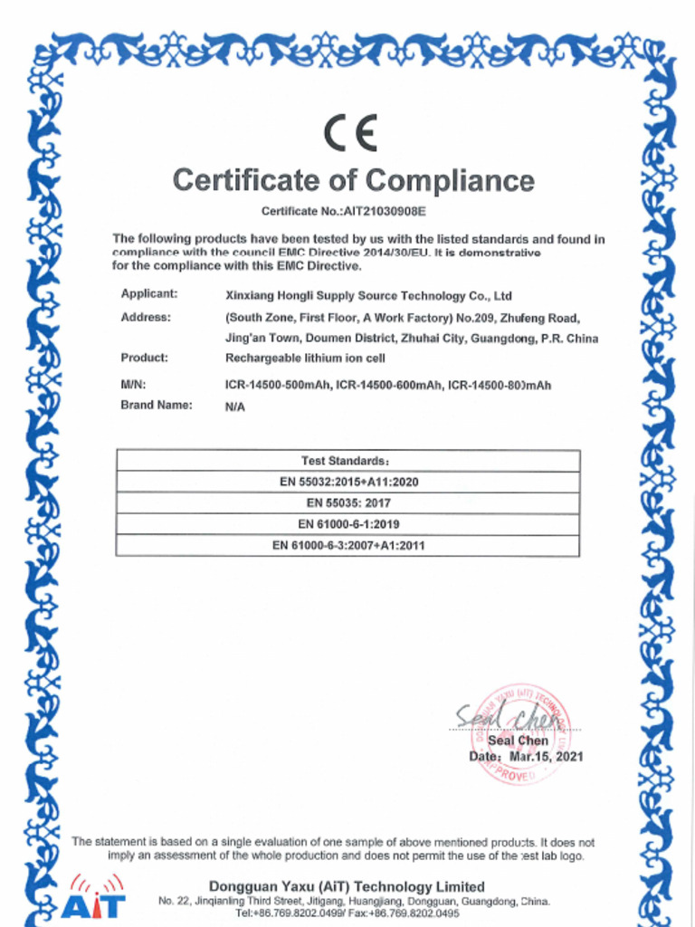 Ce Emc Coc Icr 14500 500mah | PDF