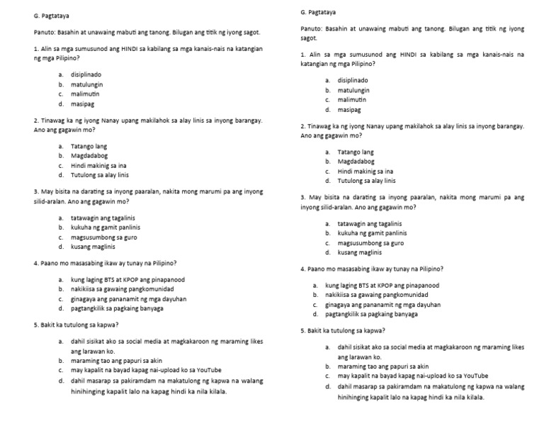 EVALUATION- BAYANIHAN(ESP) | PDF