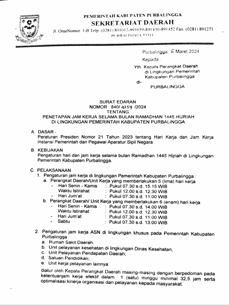 Surat Edaran Penetapan Jam Kerja | PDF