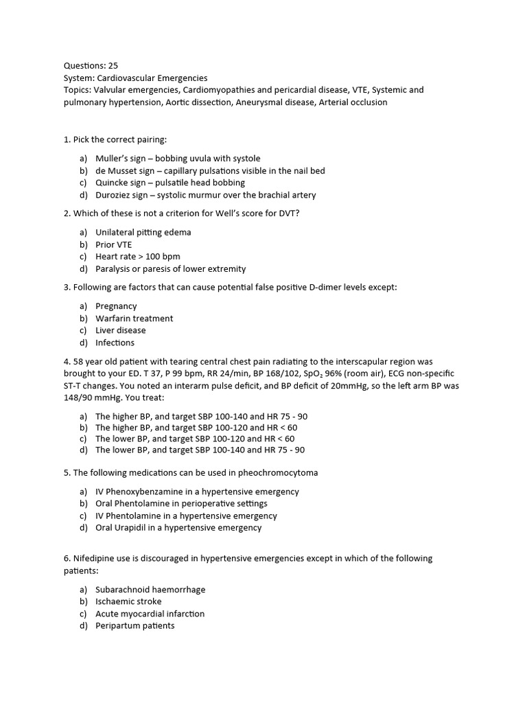 Weekly Test - Cardiovascular Emergencies Part 2 | PDF | Blood Pressure ...