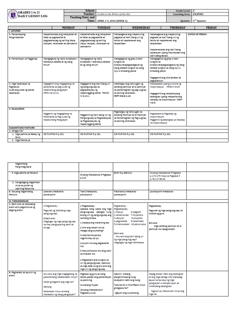 Grade 5 DLL FILIPINO 5 Q4 Week 1 | PDF