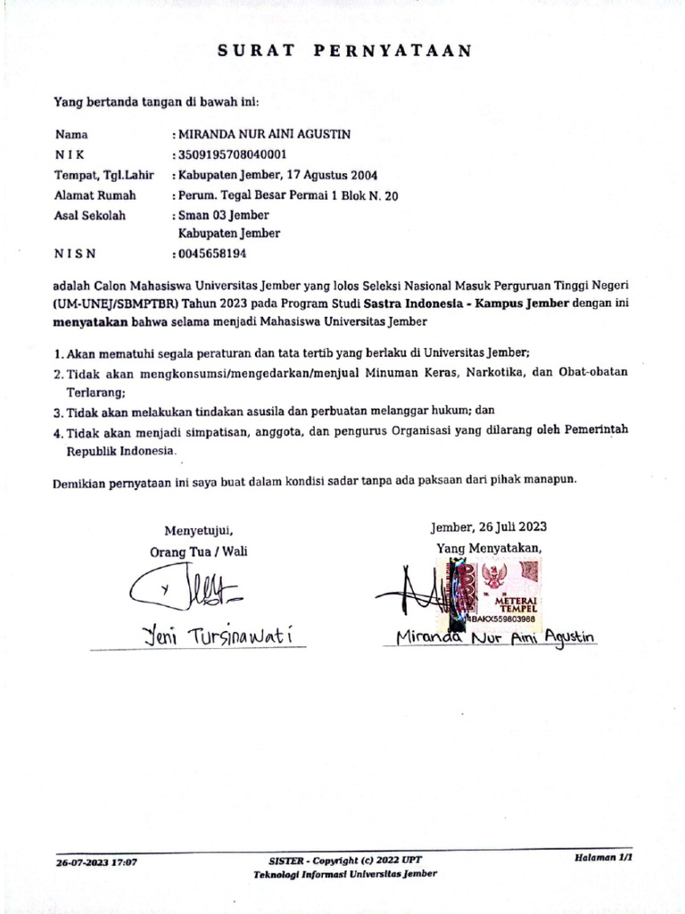 Surat Pernyataan Taat Aturan | PDF