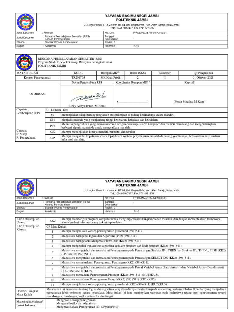 TR201T03 - Konsep Pemrograman - RPS | PDF