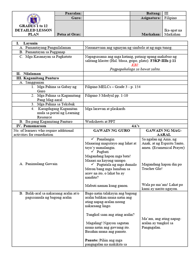 DLP Filipino 3 W1 Salitang Klaster | PDF
