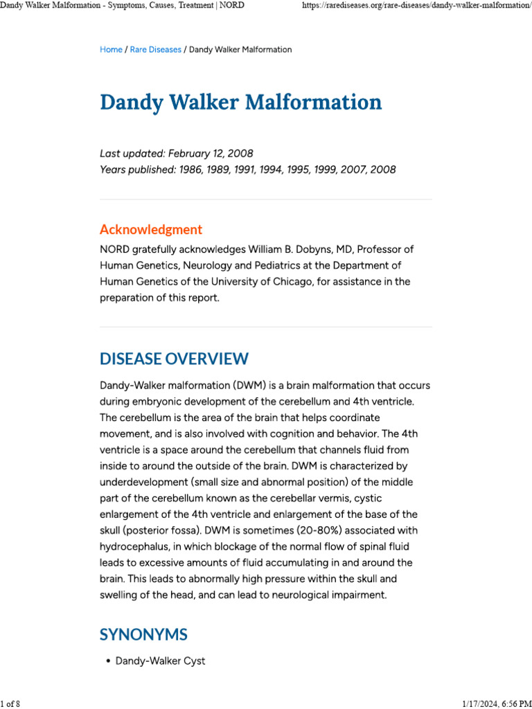 Dandy Walker Malformation - Symptoms, Causes, Treatment NORD | PDF | Therapy | Epidemiology