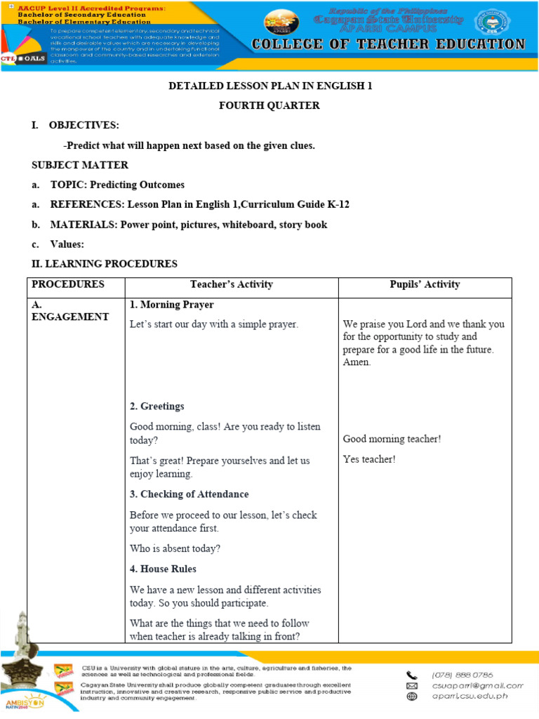 DLP ENGLISH 1 (Predicting Outcomes) ) | PDF | Lesson Plan