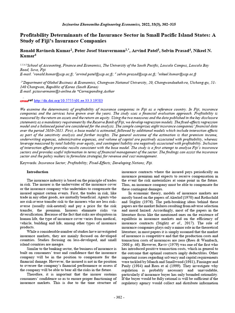 Profitability Determinants of The Insurance Sector in Small Pacific ...