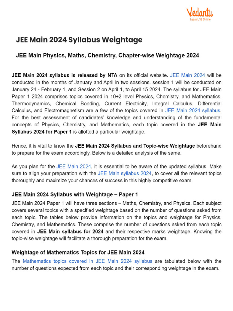 JEE Main 2024 Syllabus Weightage | PDF