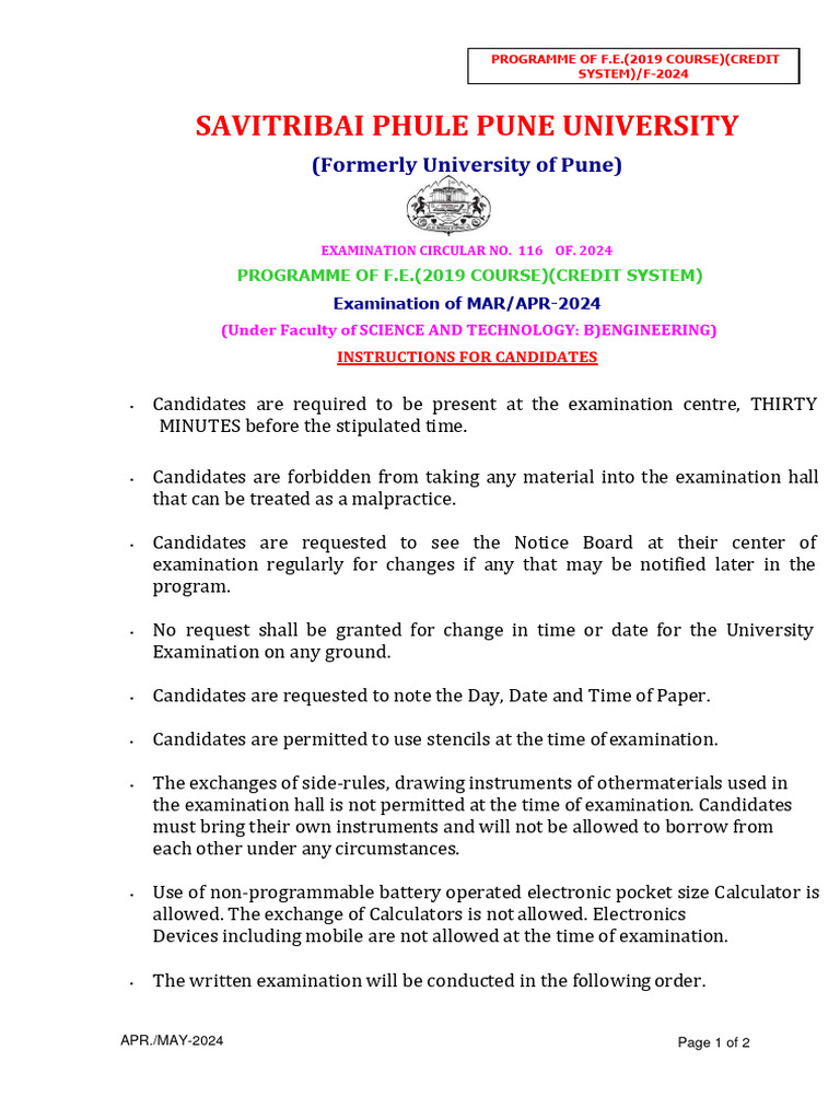 F.E. (2019 Pattern) Endsem Exam Timetable For May-2024 | PDF | Engineering | Physical Sciences