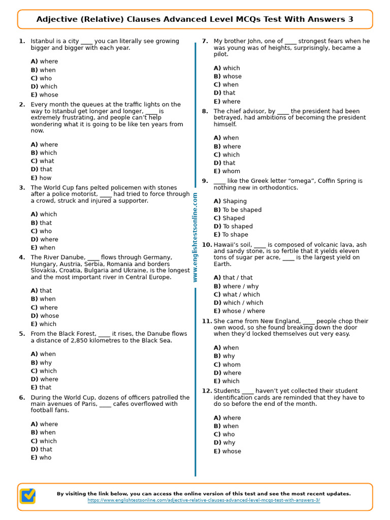 898 - Adjective Relative Clauses Advanced Level Mcqs Test With Answers ...