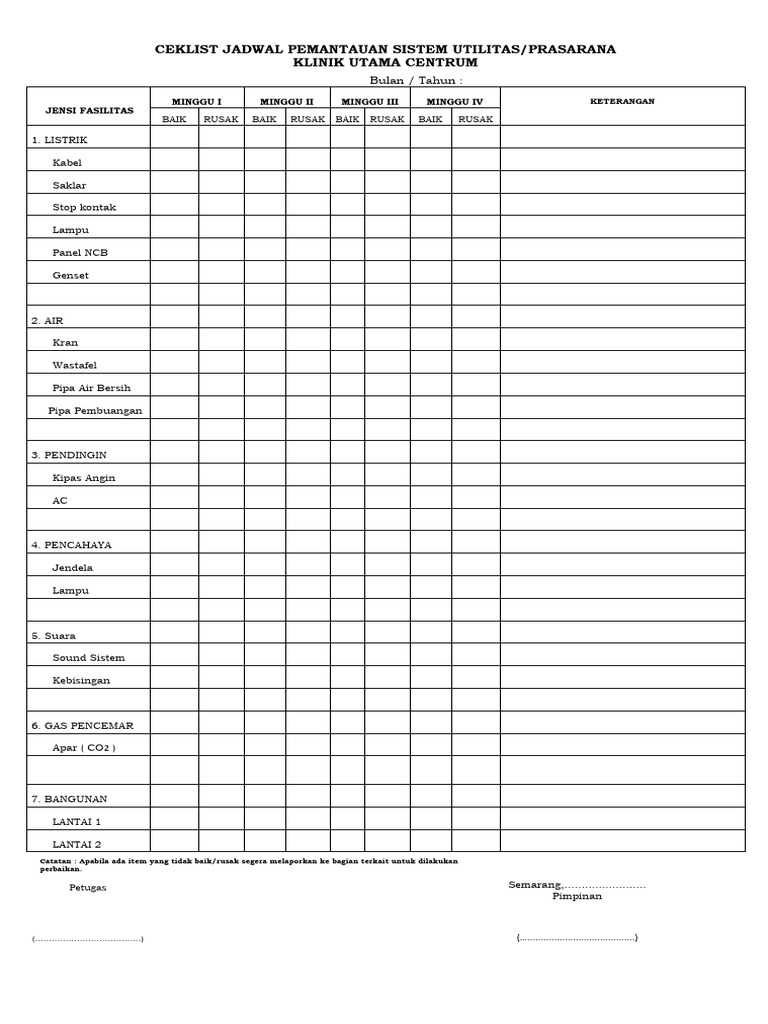 Ceklist Jadwal Pemantauan Sistem Utilitas Sarana Prasarana | PDF | Sains & Matematika ...