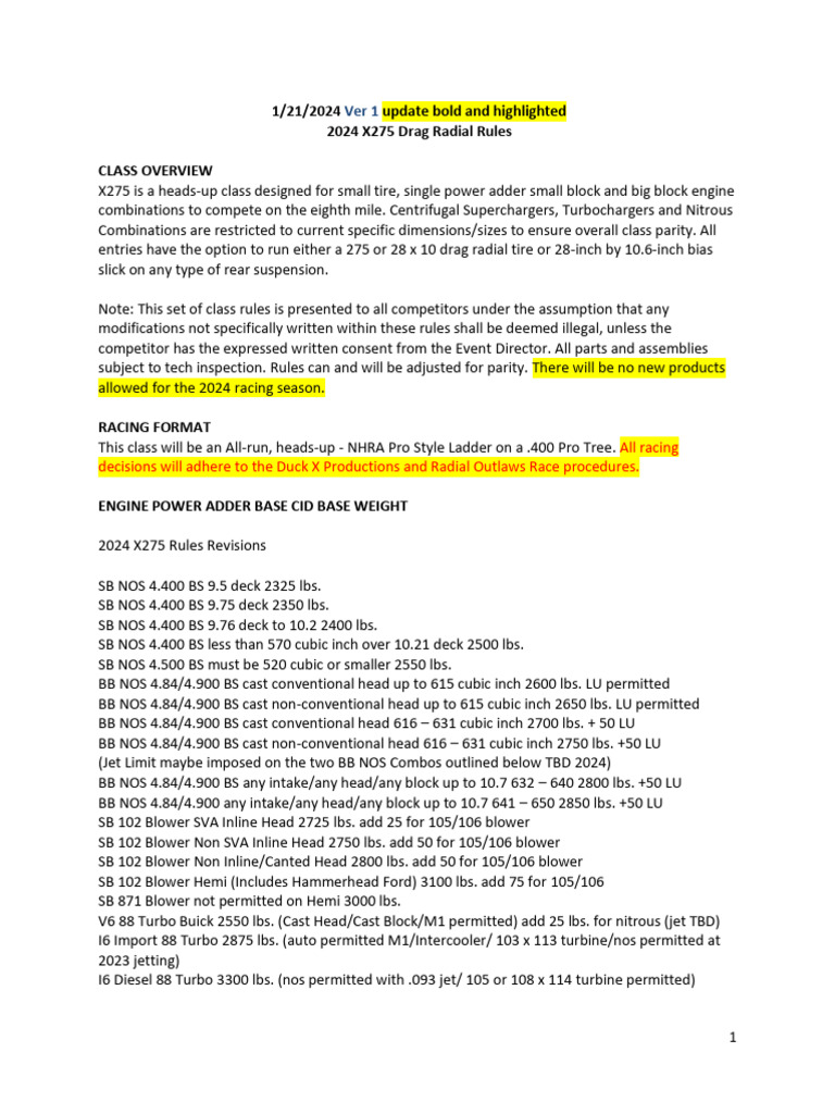 1/21/2024 2024 X275 Drag Radial Rules Class Overview: Update Bold and ...