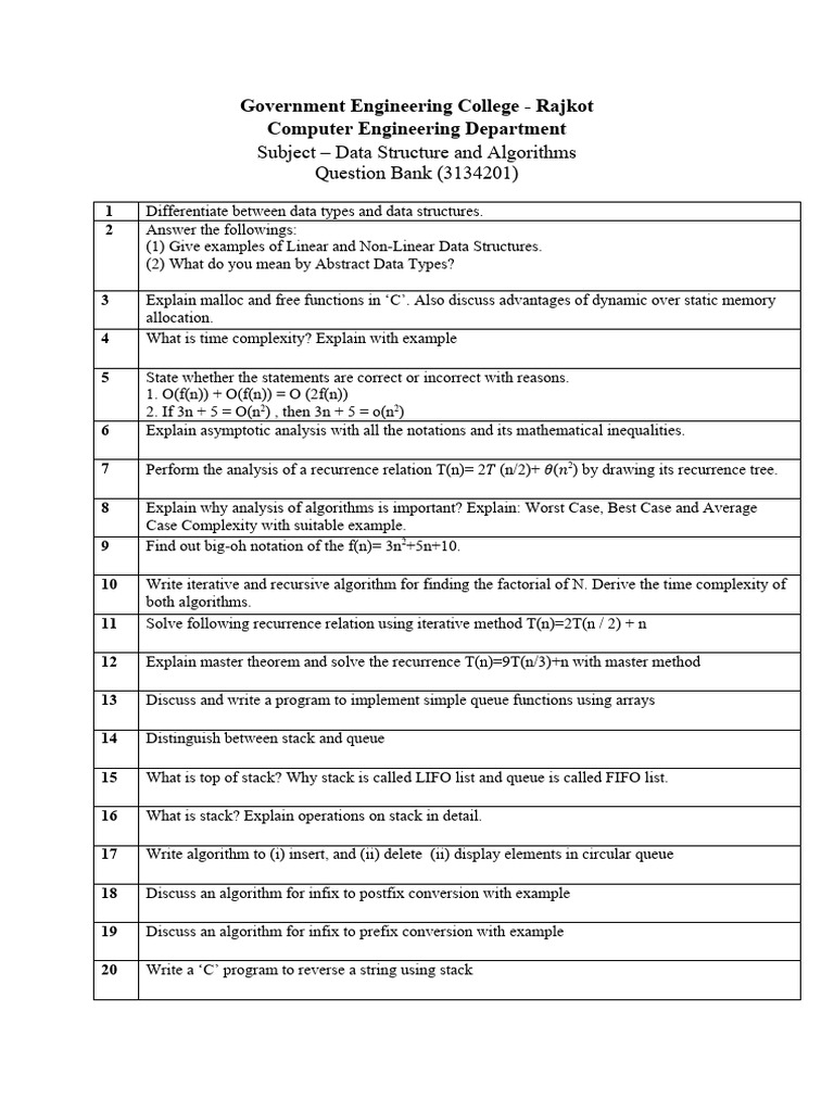 DSA_Question bank_final | PDF | Queue (Abstract Data Type) | Time Complexity