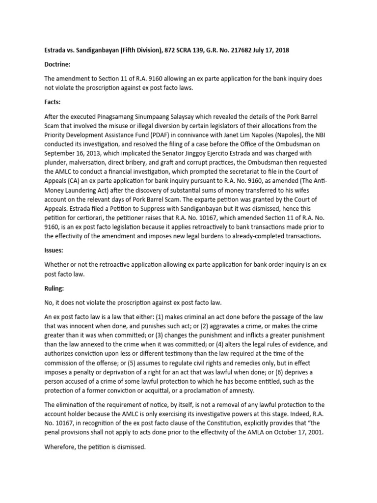 Estrada vs. Sandiganbayan Ruling on Ex Post Facto | PDF | Ex Post Facto ...