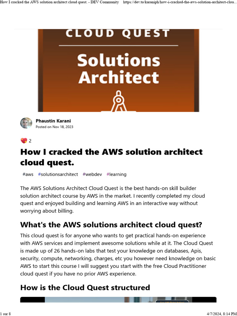 How I Cracked The AWS Solution Architect Cloud Quest. - DEV Community | PDF | Amazon Web ...