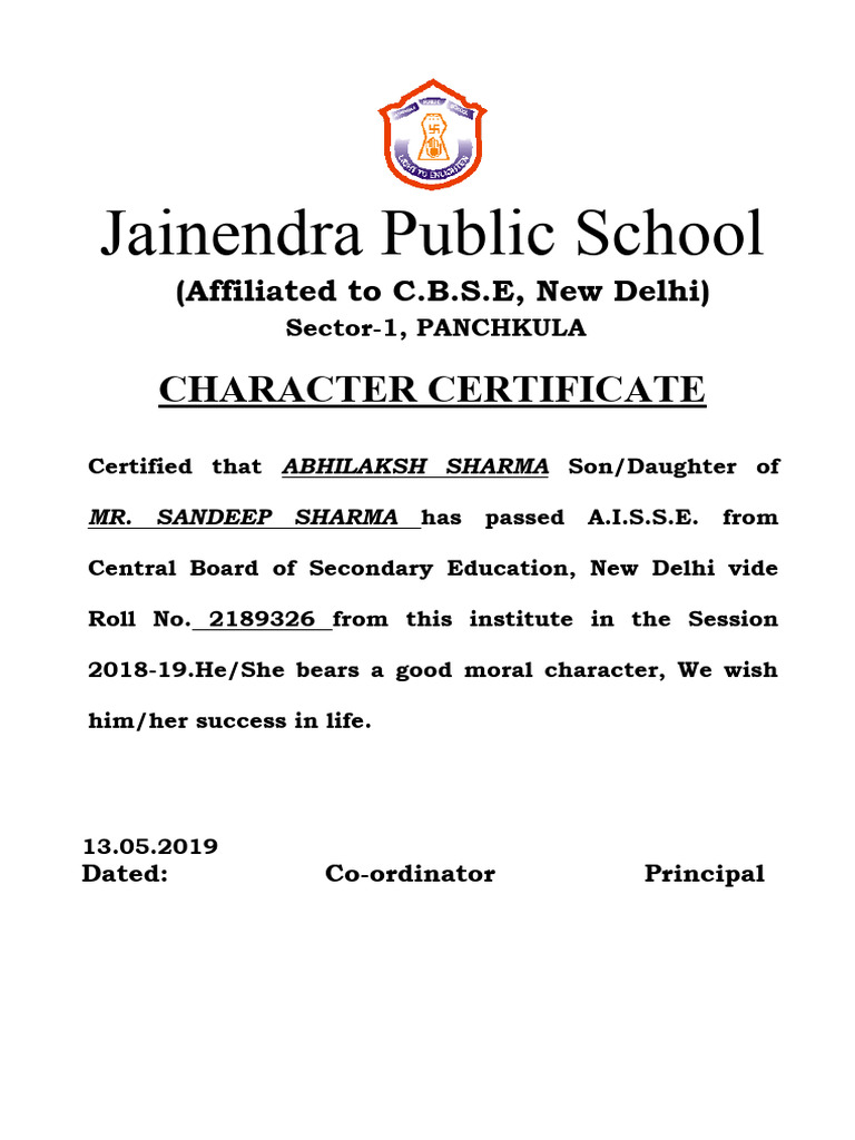 Character Certificates - 2018-19 | PDF | Student Assessment And ...
