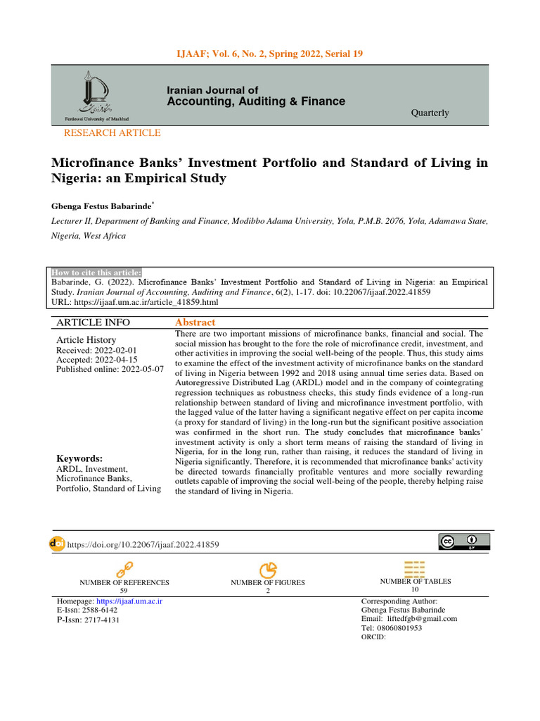 Microfinance Banks' Investment Portfolio and Standard of Living in ...