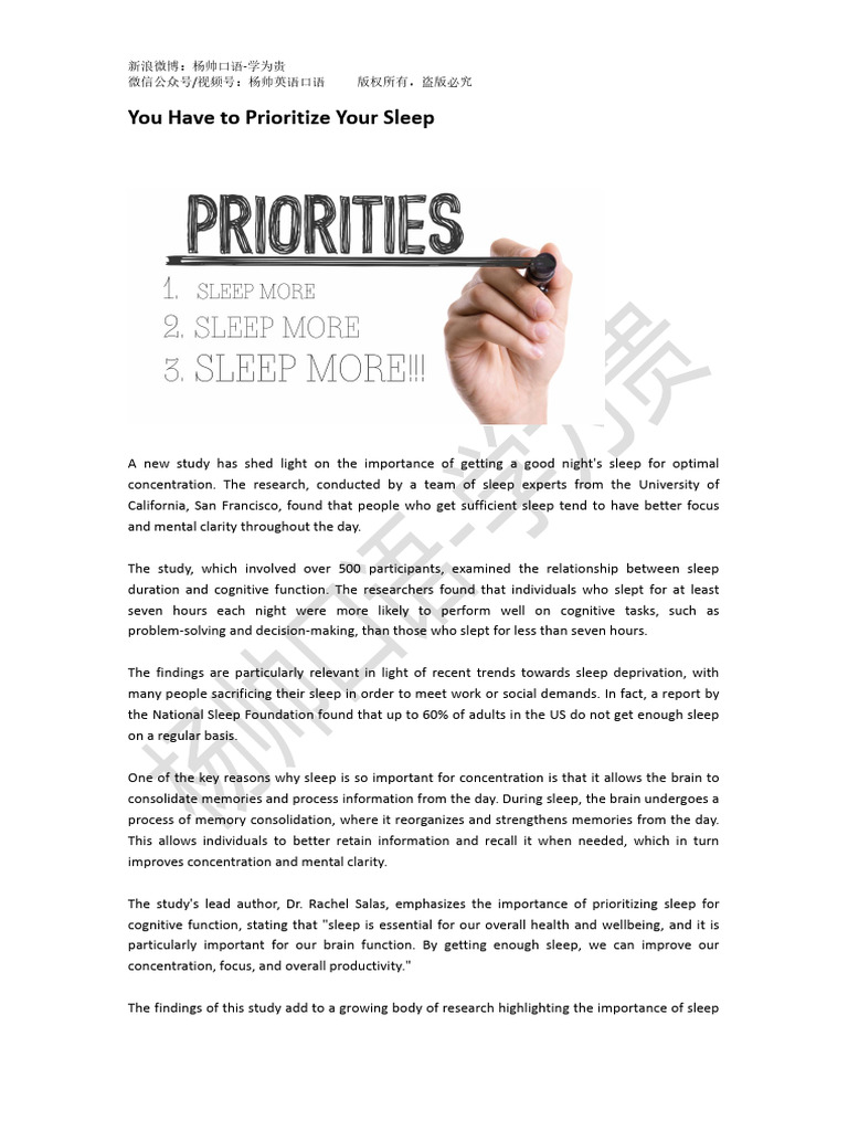 You Have To Prioritize Your Sleep | PDF | Sleep | Cognition